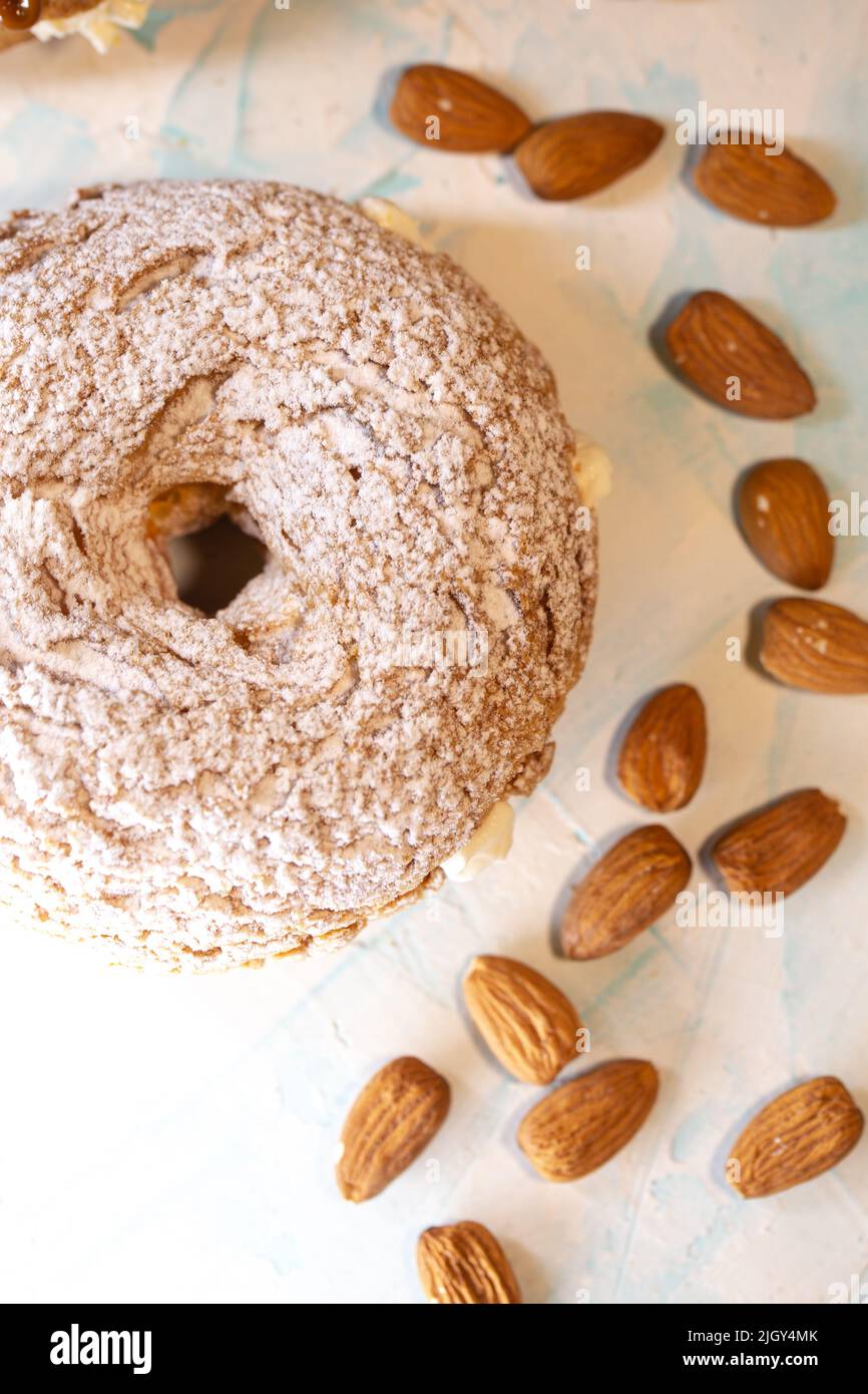 custard sweet cake with nuts and filling top view Stock Photo - Alamy