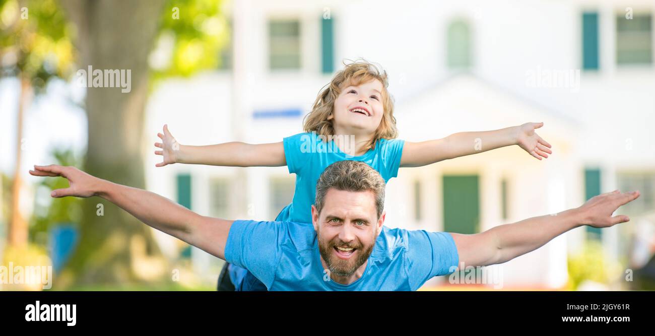 Banner of father and son in summer park outdoor. free day of happy ...