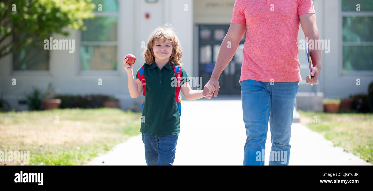 Banner of child back to school, nerd with teacher hold apple. education ...