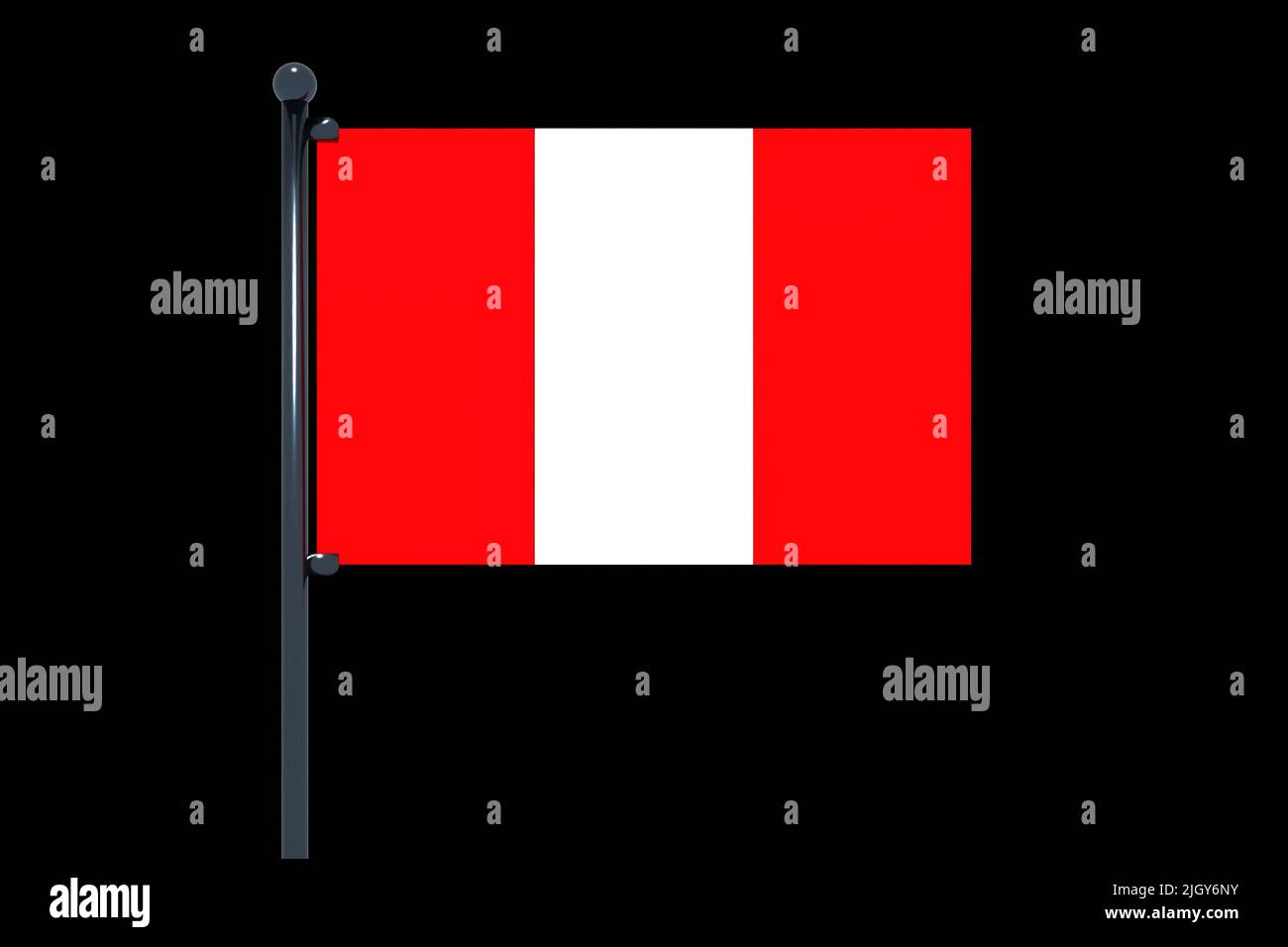 A 3D illustration of the flag of Peru on a gray flag pole on a black ...