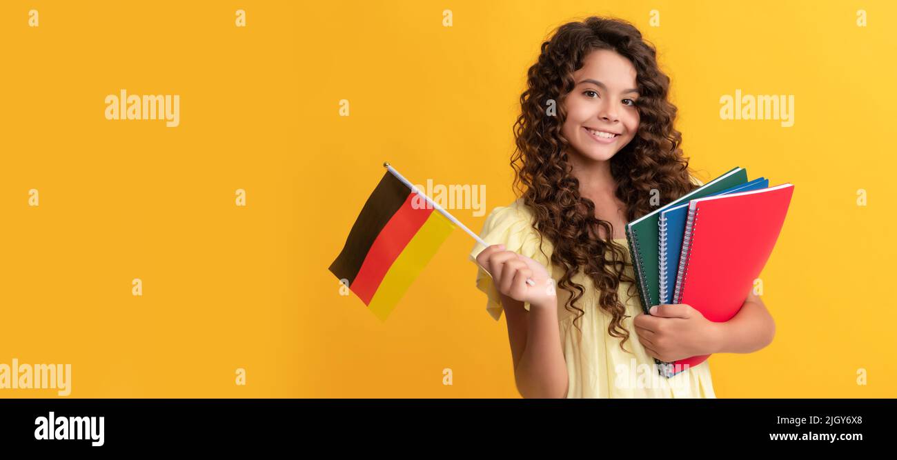 german language. child hold flag. back to school. teen girl study in ...