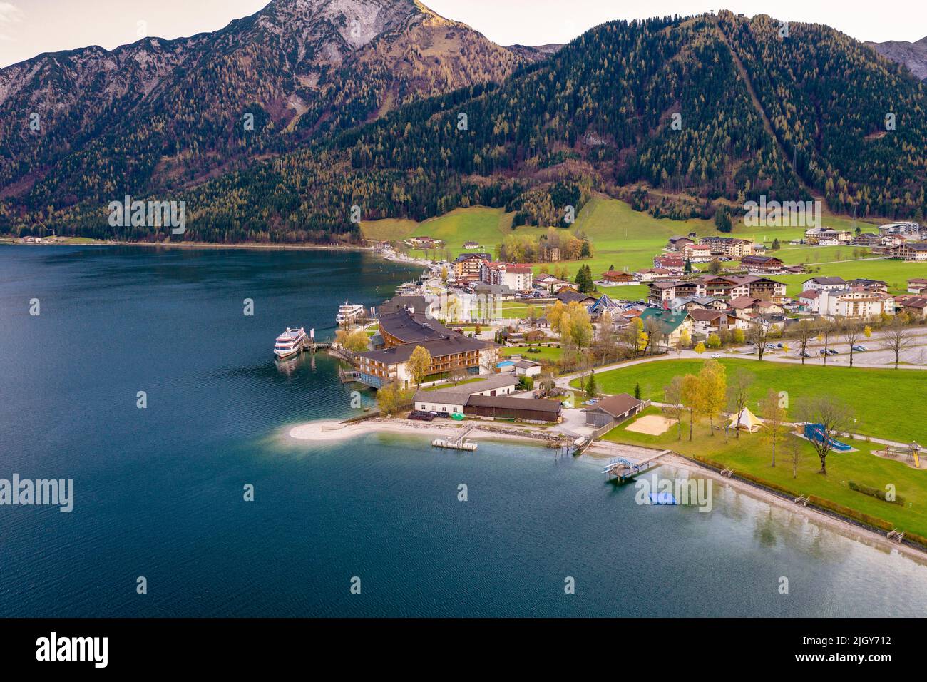 An aerial view of a small village near the Achen Lake in Austria Stock ...
