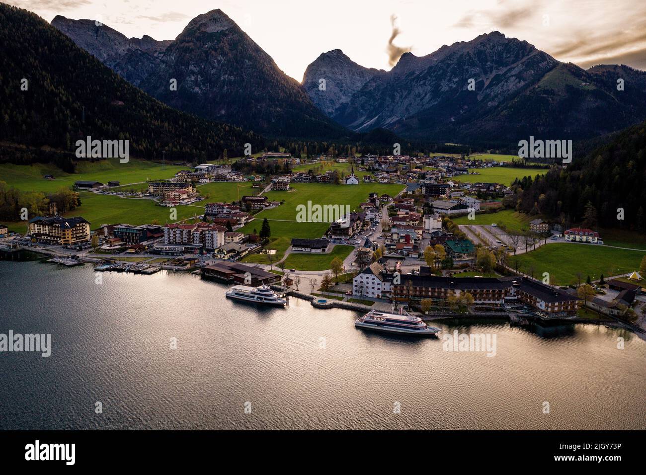An aerial view of a small village near the Achen Lake in Austria Stock ...