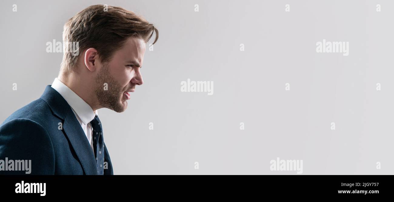 Hes really angry. Angry boss grey background. Professional man show ...