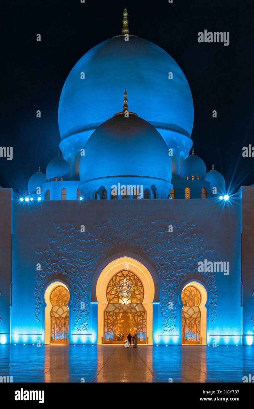 Detailed view of the blue illuminated Sheikh Zayed Grand Mosque in Abu ...