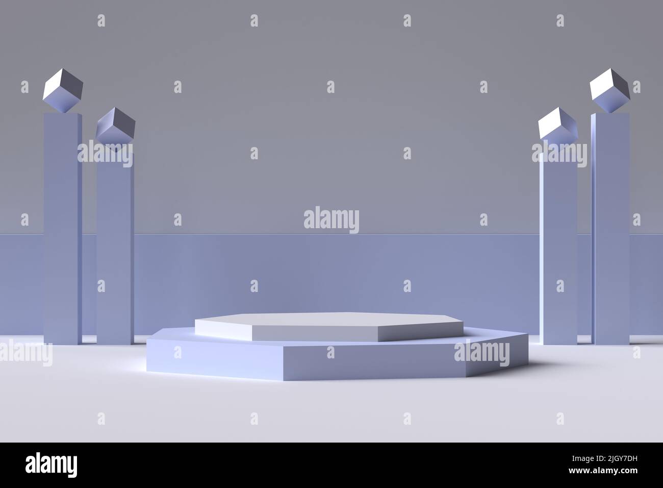 Light blue podium on the background of a blue wall with columns. Square ...