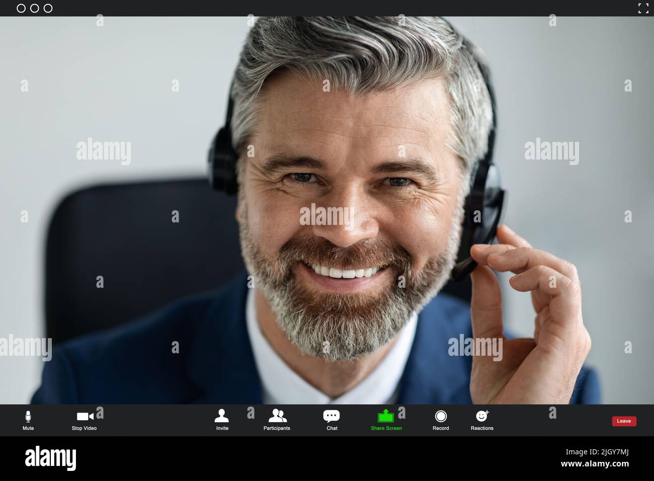 Virtual Helpdesk. Video Call Interface With Smiling Middle Aged Manager ...