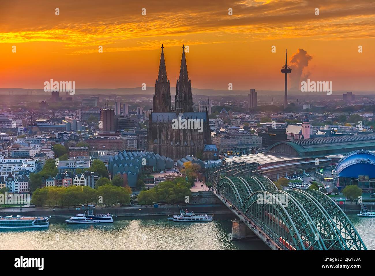 Cologne Cathedral, Hohenzollern bridge, and Cologne TV Tower during ...