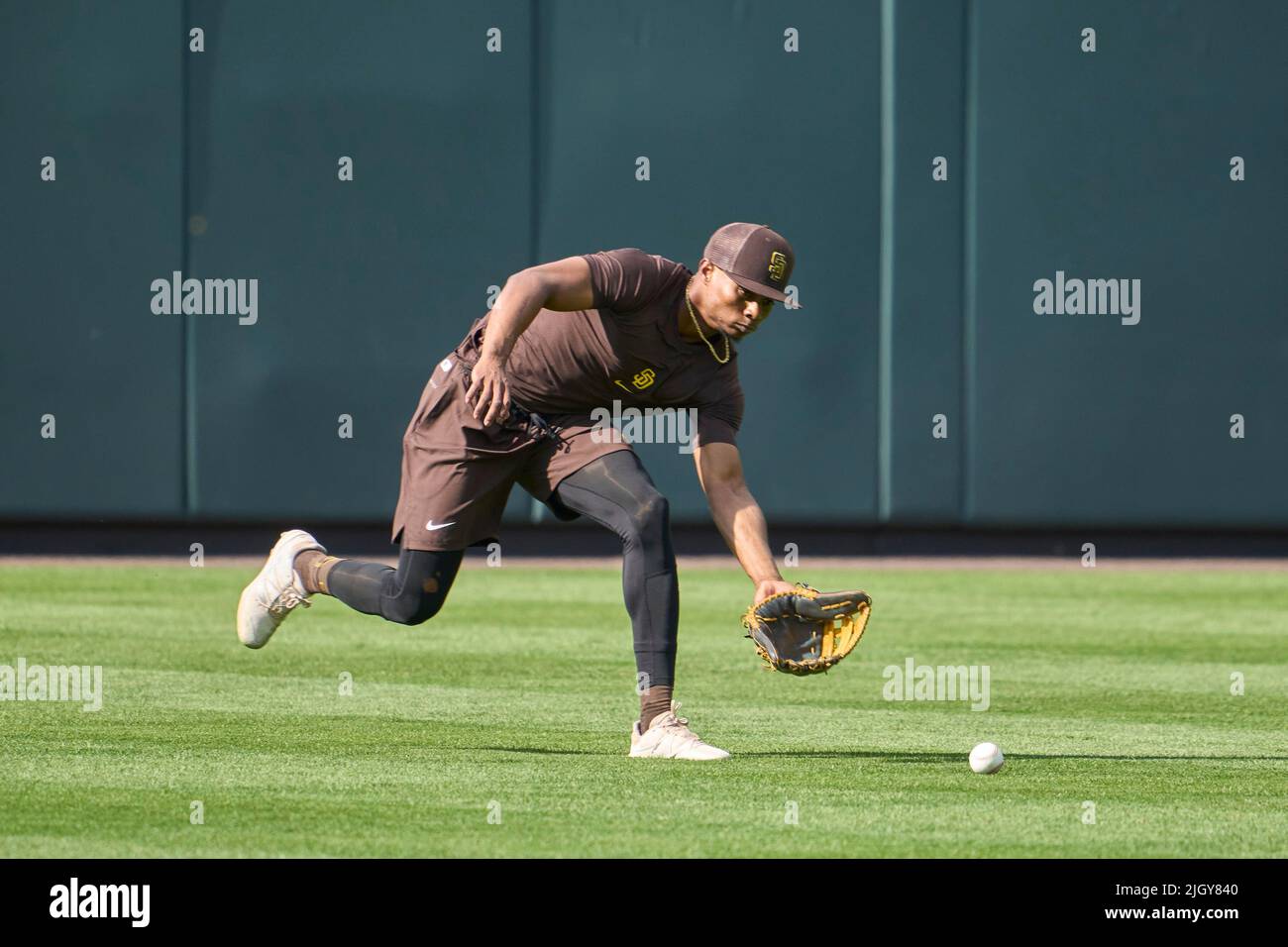 Denver CO, USA. 12th July, 2022. San Diego center fielder Estuary Ruiz ...