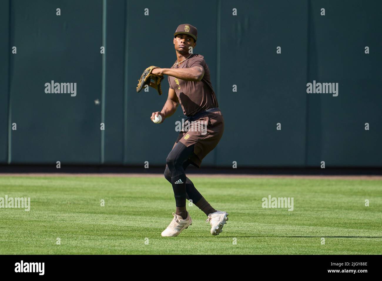 Denver CO, USA. 12th July, 2022. San Diego center fielder Estuary Ruiz ...