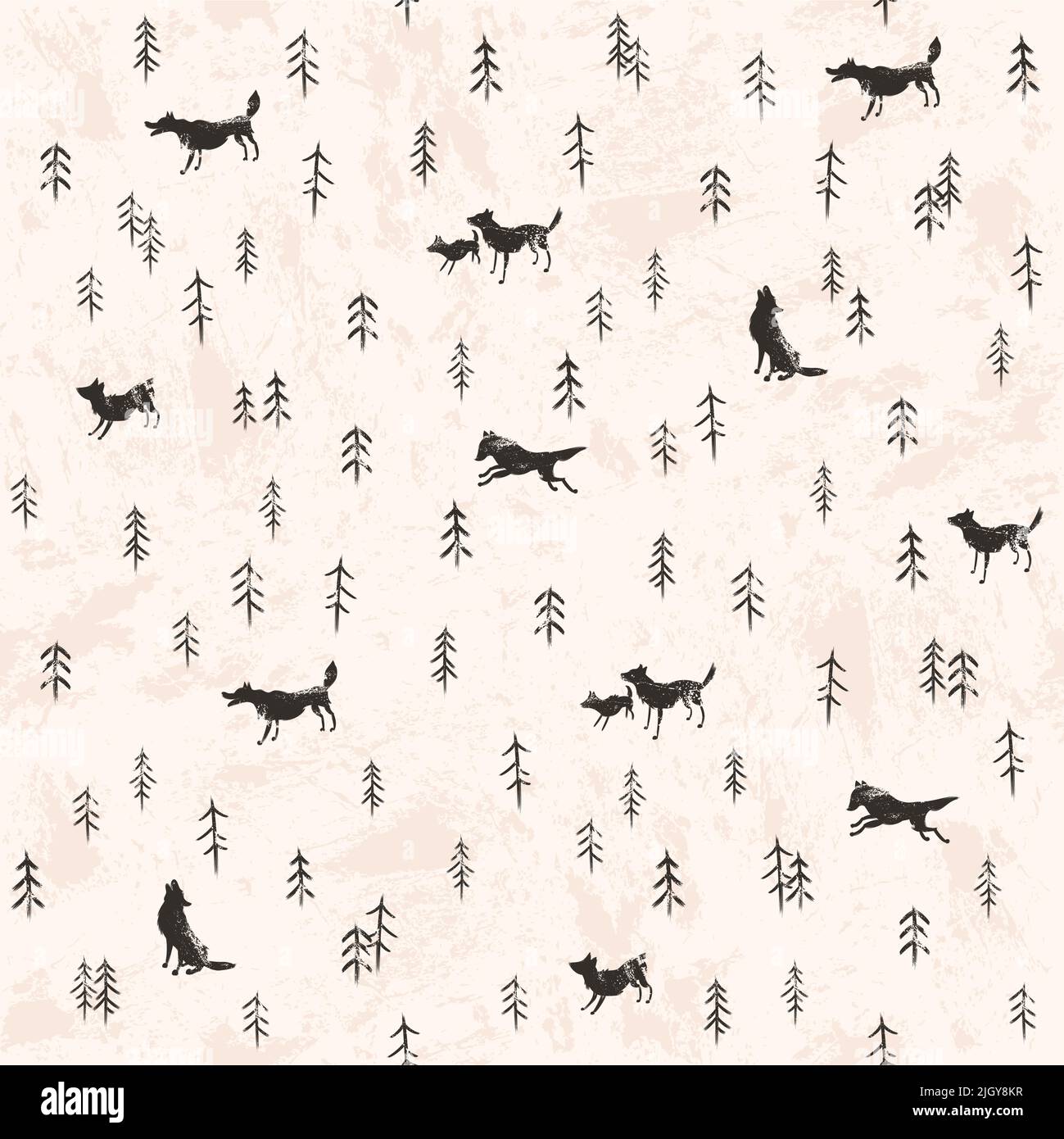 Seamless pattern with wolves and trees. Ancient style forest landscape ...