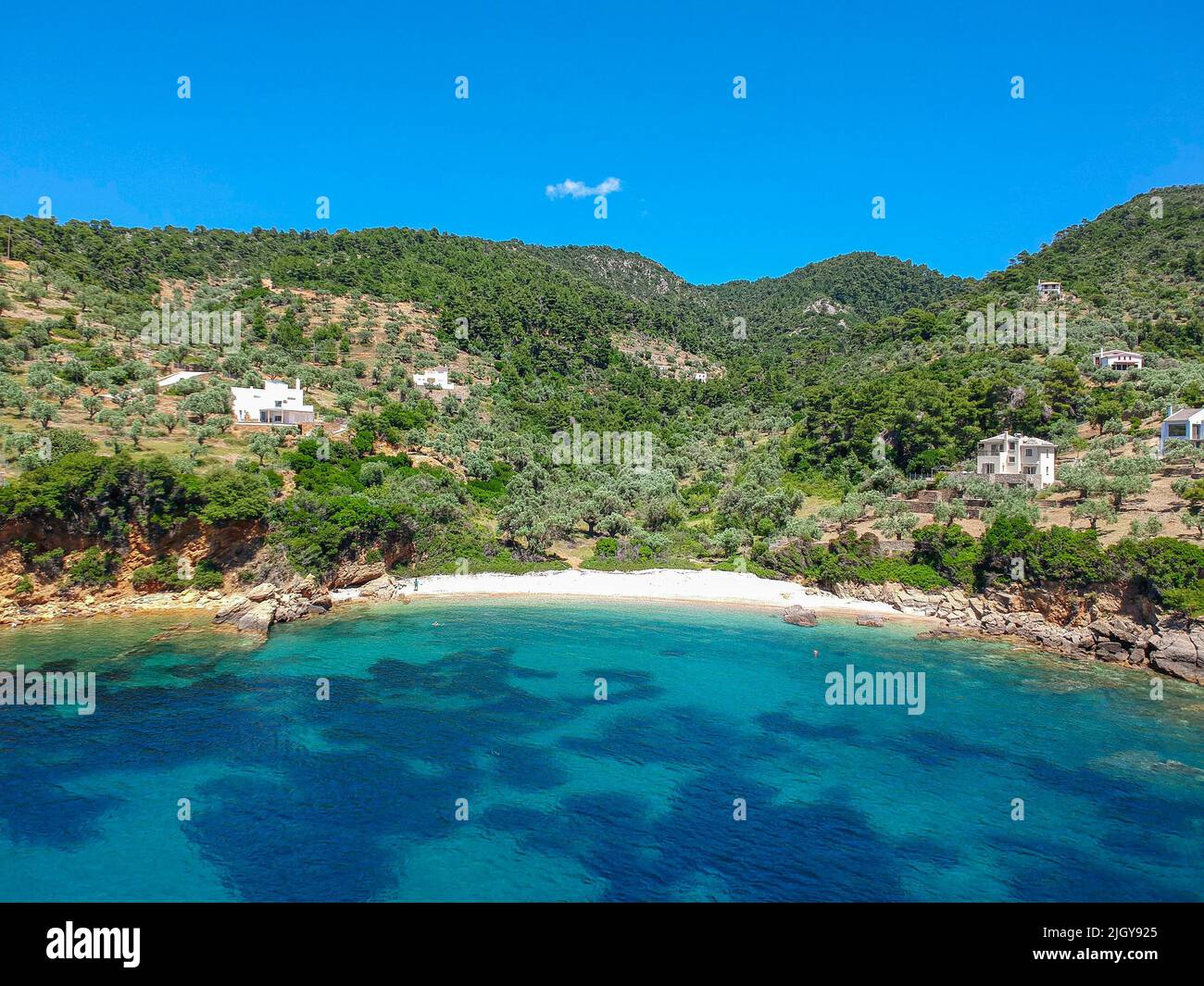 Aerial view over Megali Ammos or large sand beach in western Alonissos ...