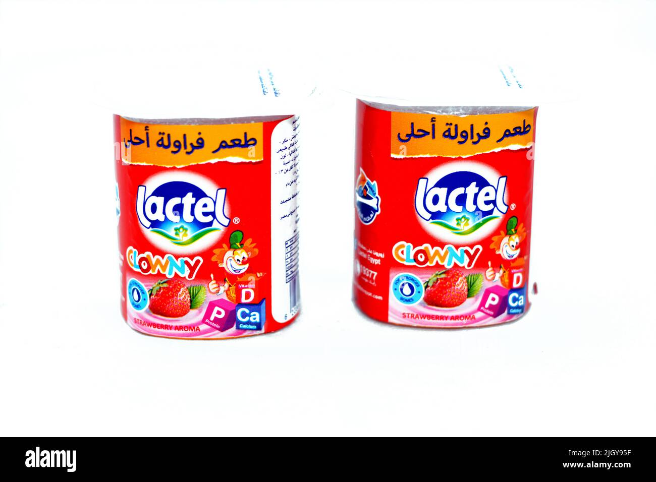 Cairo, Egypt, May 27 2022: Lactel clowny strawberry aroma yogurt ...