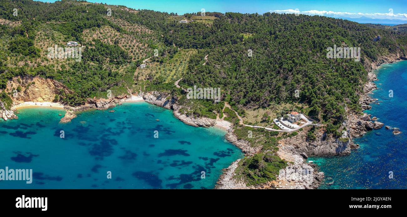 Aerial view over Megali Ammos or large sand beach in western Alonissos ...