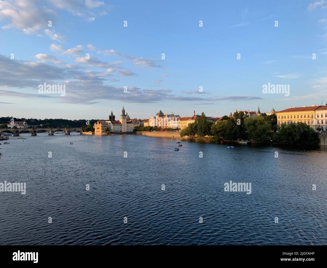 An aerial view of Shooters island in Prague under a blue cloudy sky on ...