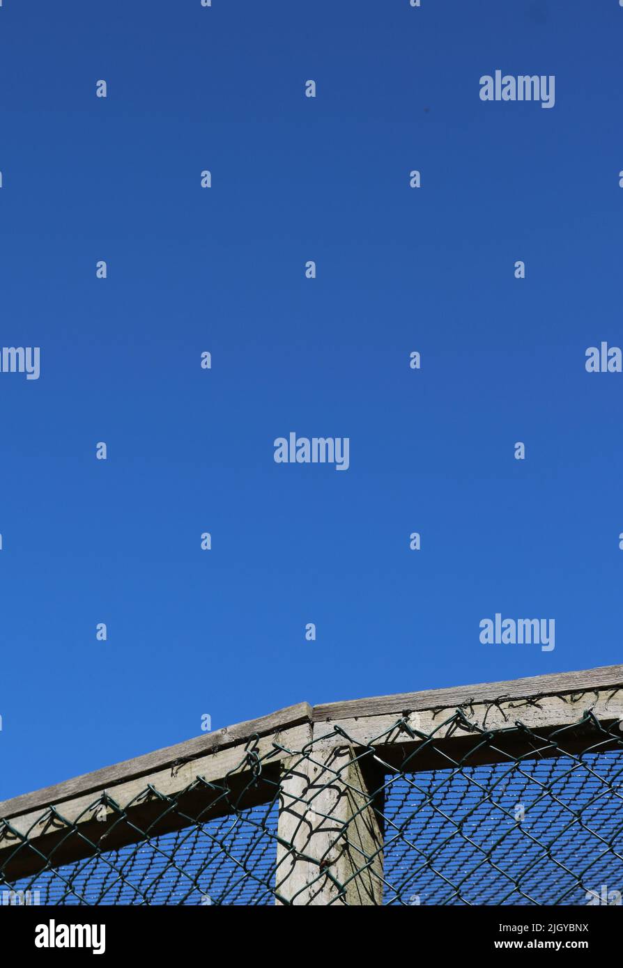 Enclosure background showing netted cage against deep blue sky with ...