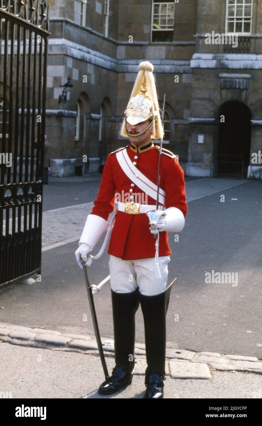 Household Cavalry trooper on guard at London royal palace Stock Photo ...