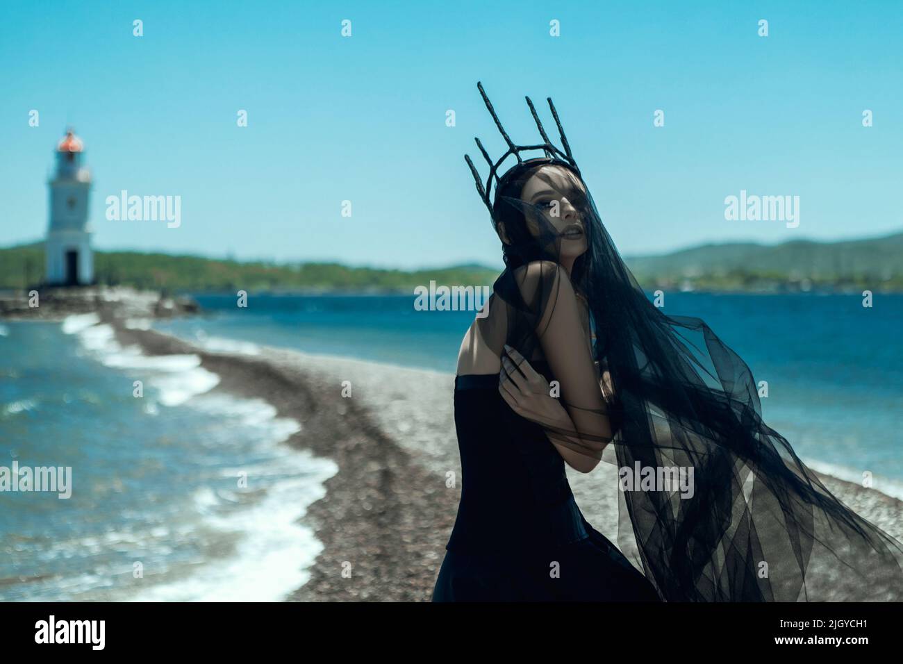 Model wearing black gothic dress and dark crown is posing with a ...