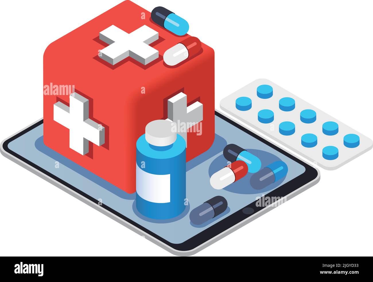 A red public hospital with medical elements on white background Stock ...