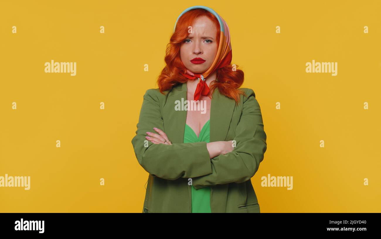 Dissatisfied woman shaking head no, asking reason of failure ...