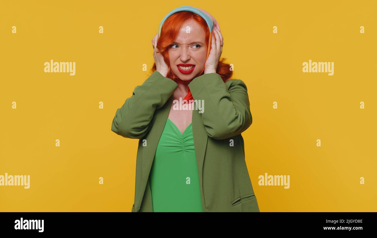 Panic attack. Upset scared frightened redhead woman biting nails ...