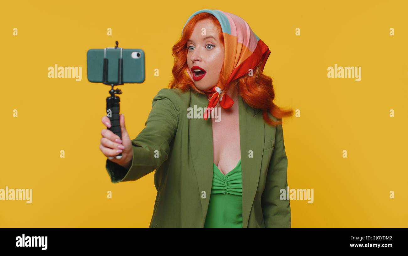 Wow Reaction Impressed Redhead Woman Blogger Taking Selfie On Mobile