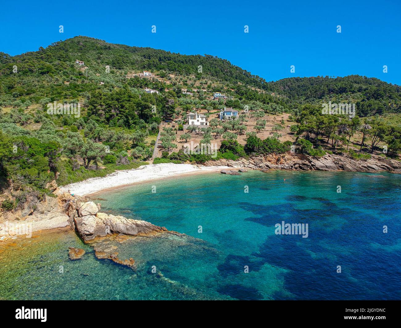 Aerial view over Megali Ammos or large sand beach in western Alonissos ...
