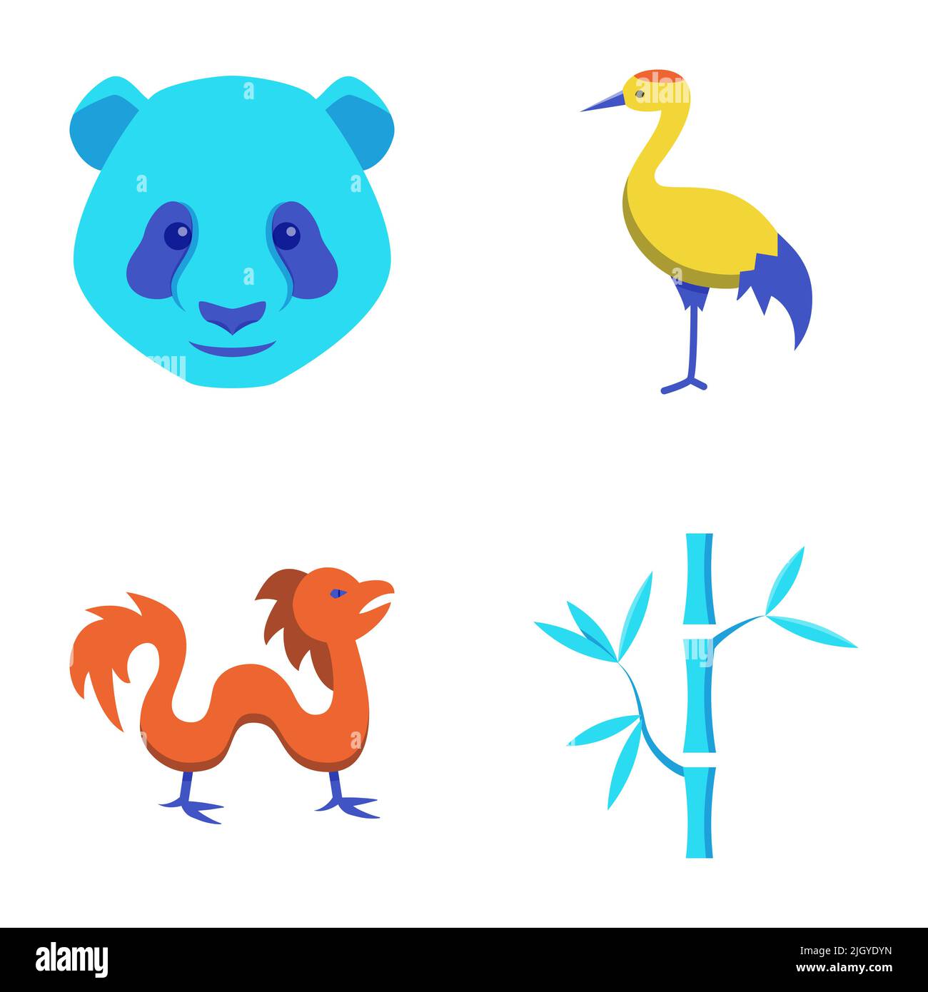 Chinese national symbols icon set in flat style. Asian animals and ...