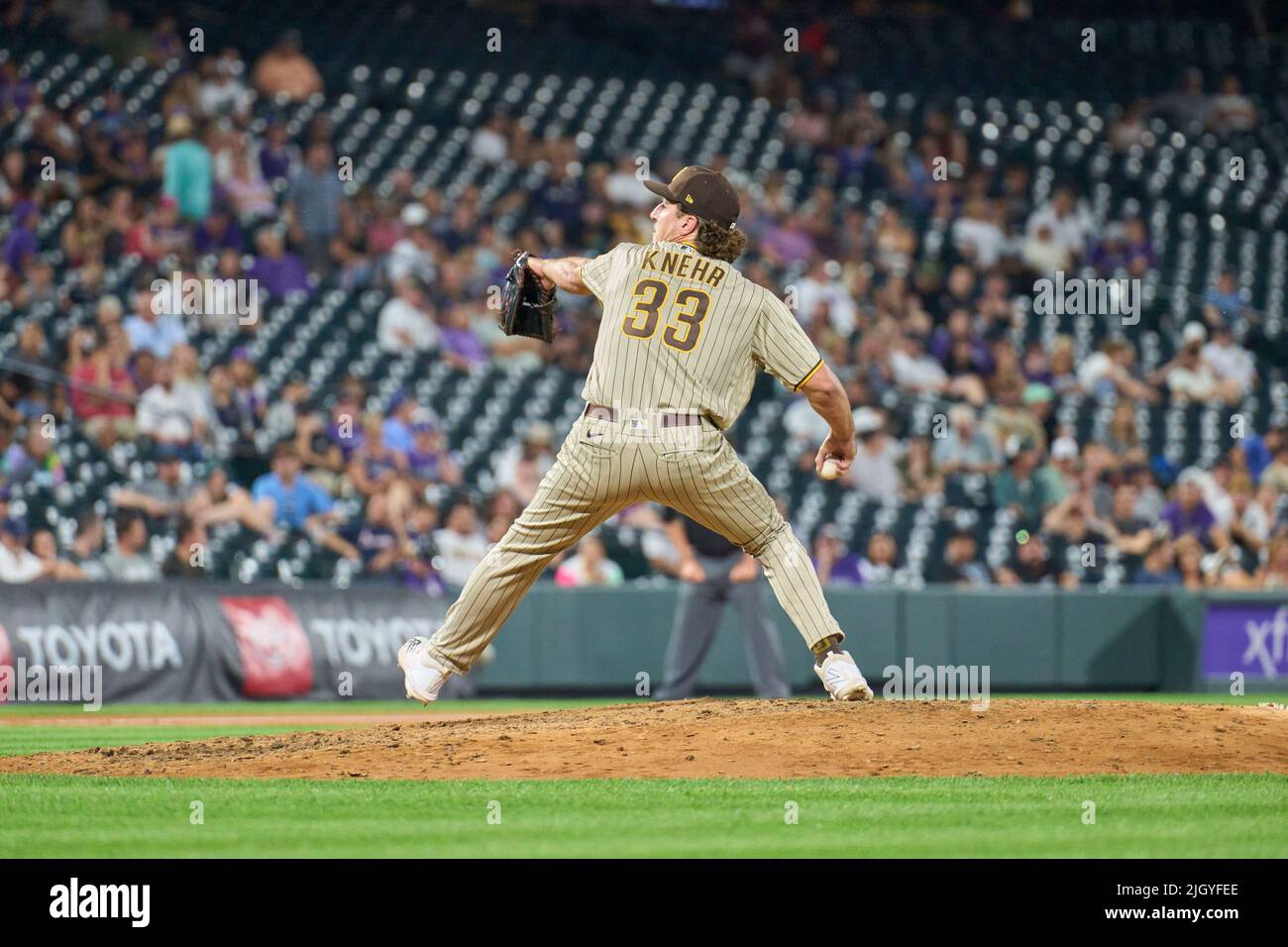 Denver CO, USA. 12th July, 2022. San Diego pitcher Reiss Knehr (33 ...