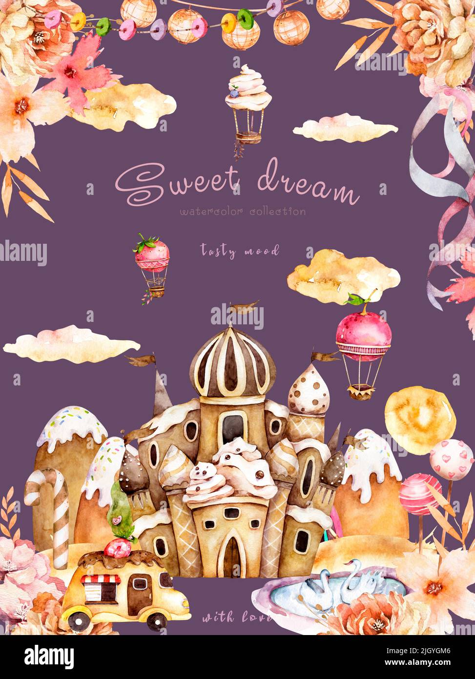 Sweet land watercolor illustration, wonderland. Cartoon fantasy candy ...