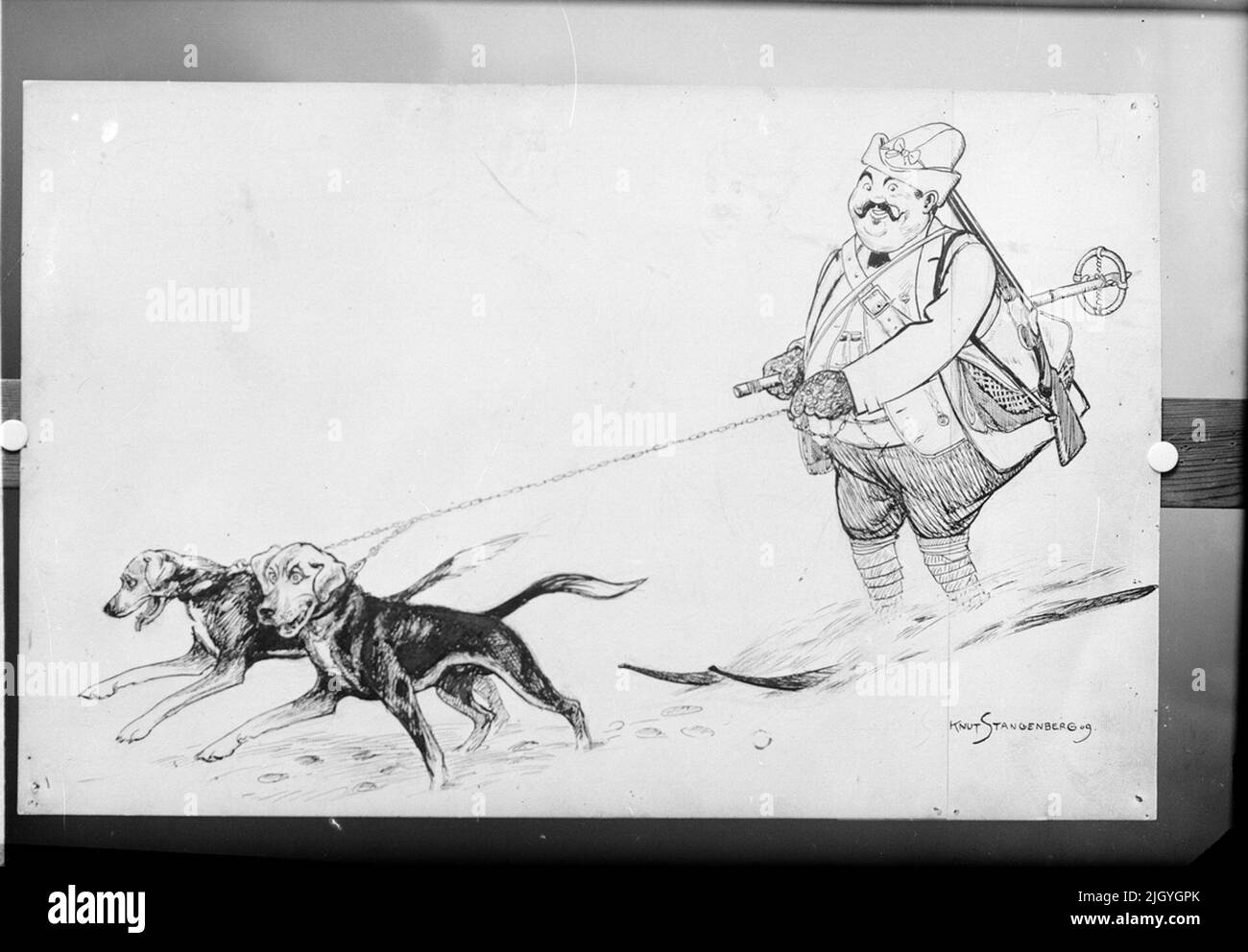 Drawing - Uno Valfrid Nyberg on skis. The drawing is signed "Knut ...