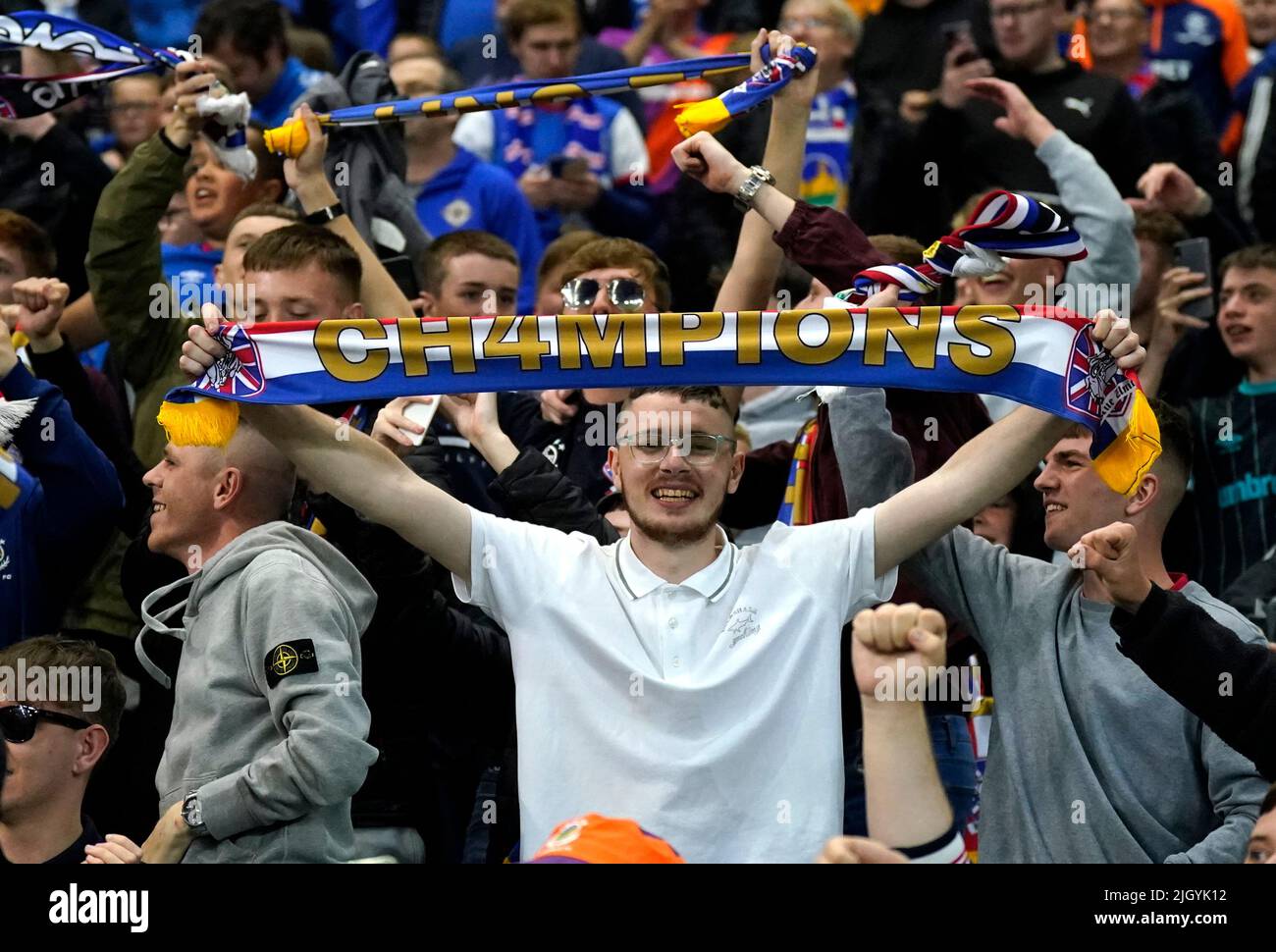 Linfield fans celebrate in the stands during the UEFA Champions League ...