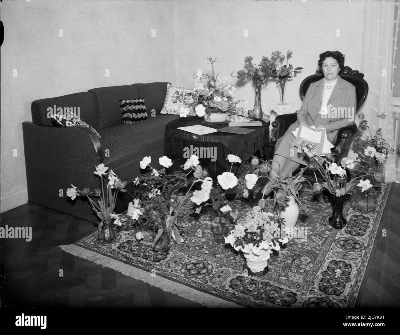 Asta Johansson in housing environment, Östhammar, Uppland 1958. Asta ...