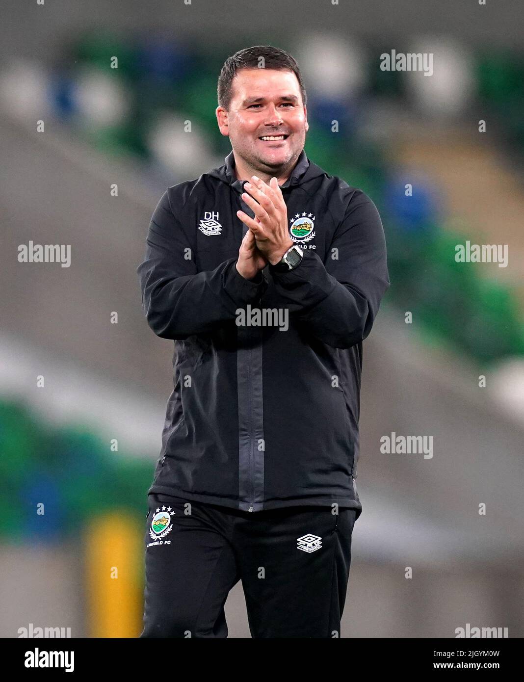 Linfield manager David Healy celebrates after the UEFA Champions League ...