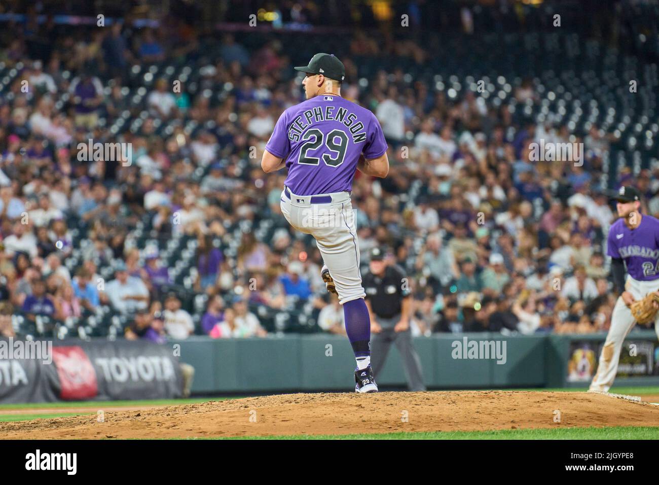 Denver CO, USA. 12th July, 2022. Colorado pitcher Robert Stephenson (29 ...