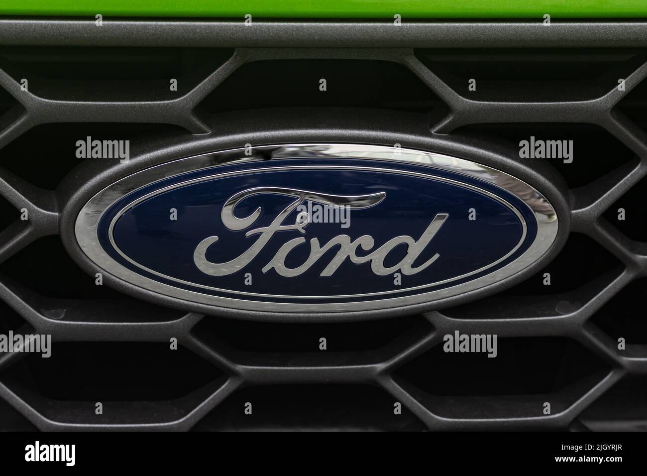 WETZLAR, GERMANY 2022-04-23: Ford logo on front of a car. Ford is an ...