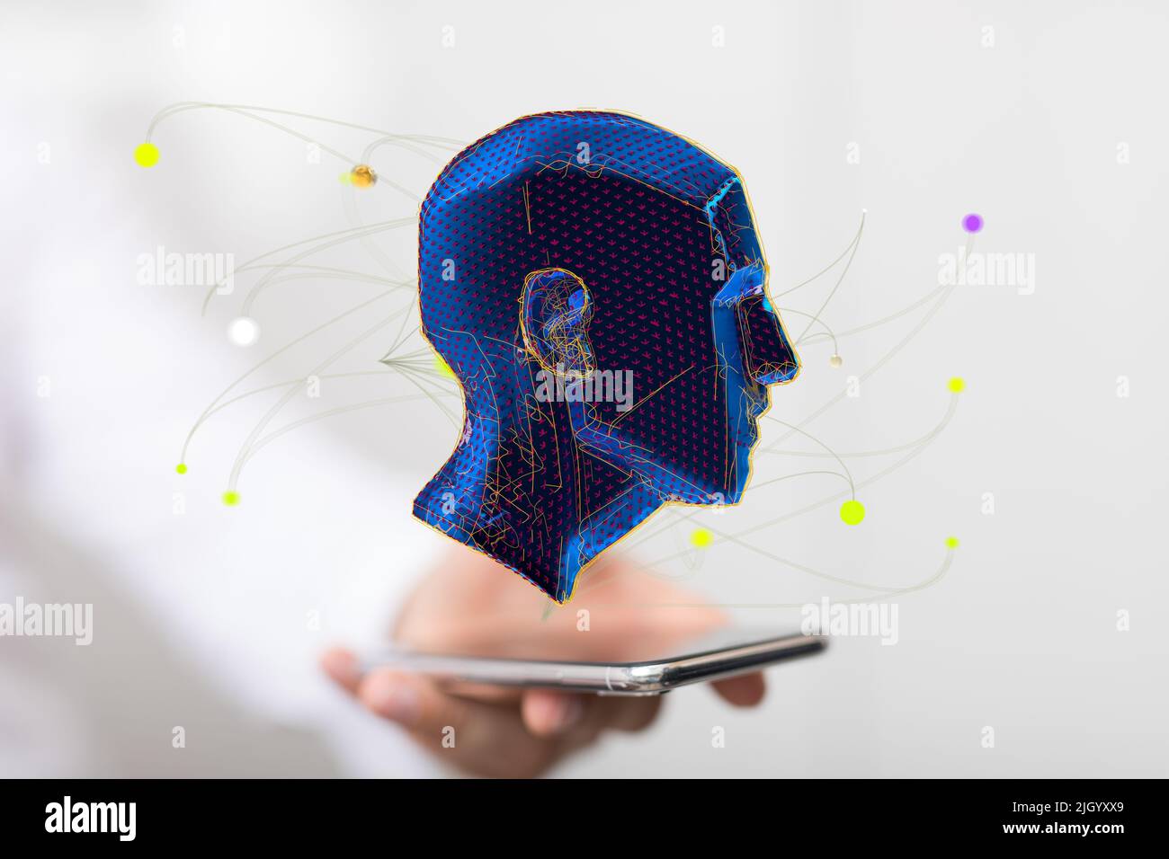 A person presenting a virtual projection of artificial intelligence ...