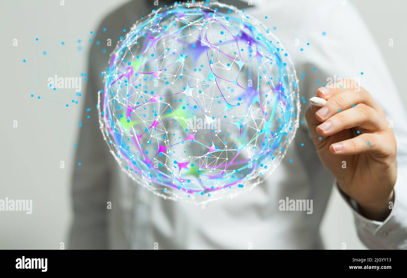 A person presenting a virtual projection of teamwork concept Stock ...