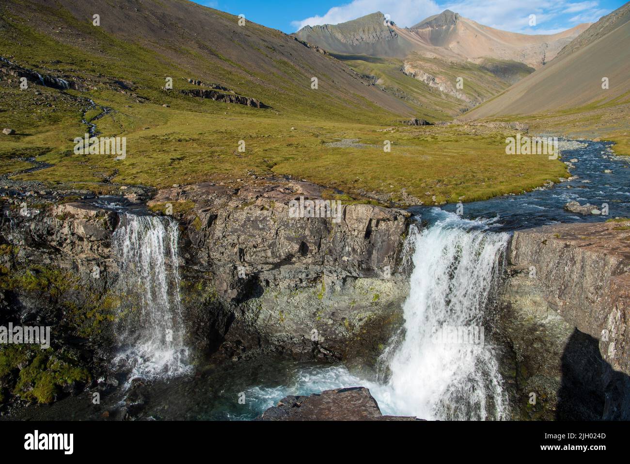 The Innstifoss twin waterfalls seen from above Stock Photo - Alamy