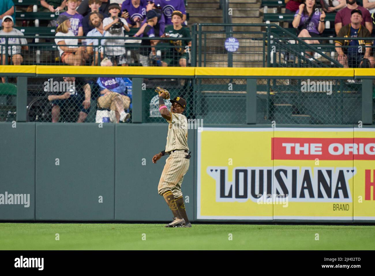 Denver CO, USA. 12th July, 2022. San Diego center fielder Estuary Ruiz ...