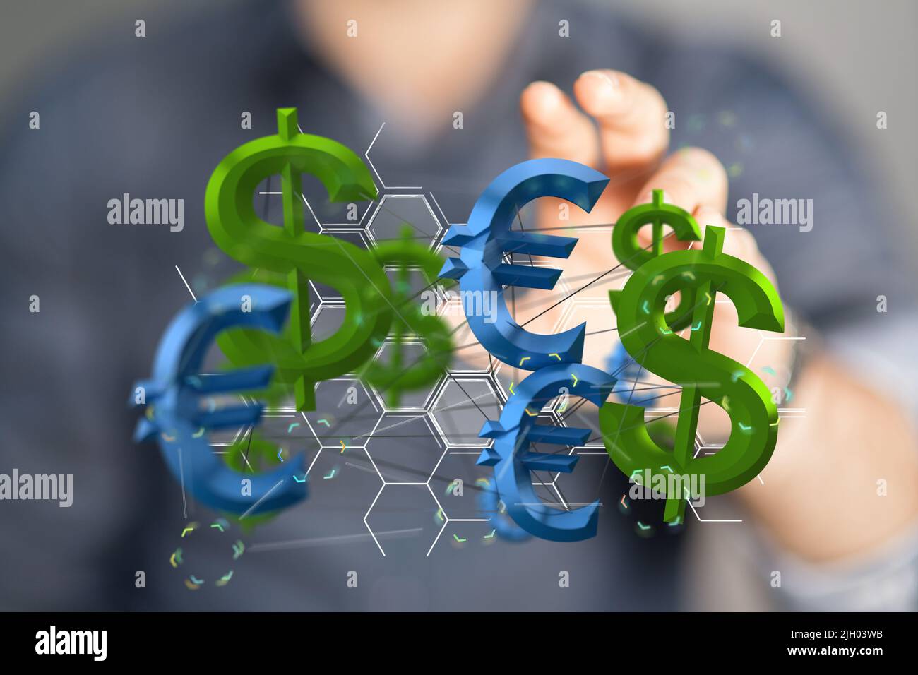 A person presenting a virtual projection of euro and dollar currency ...