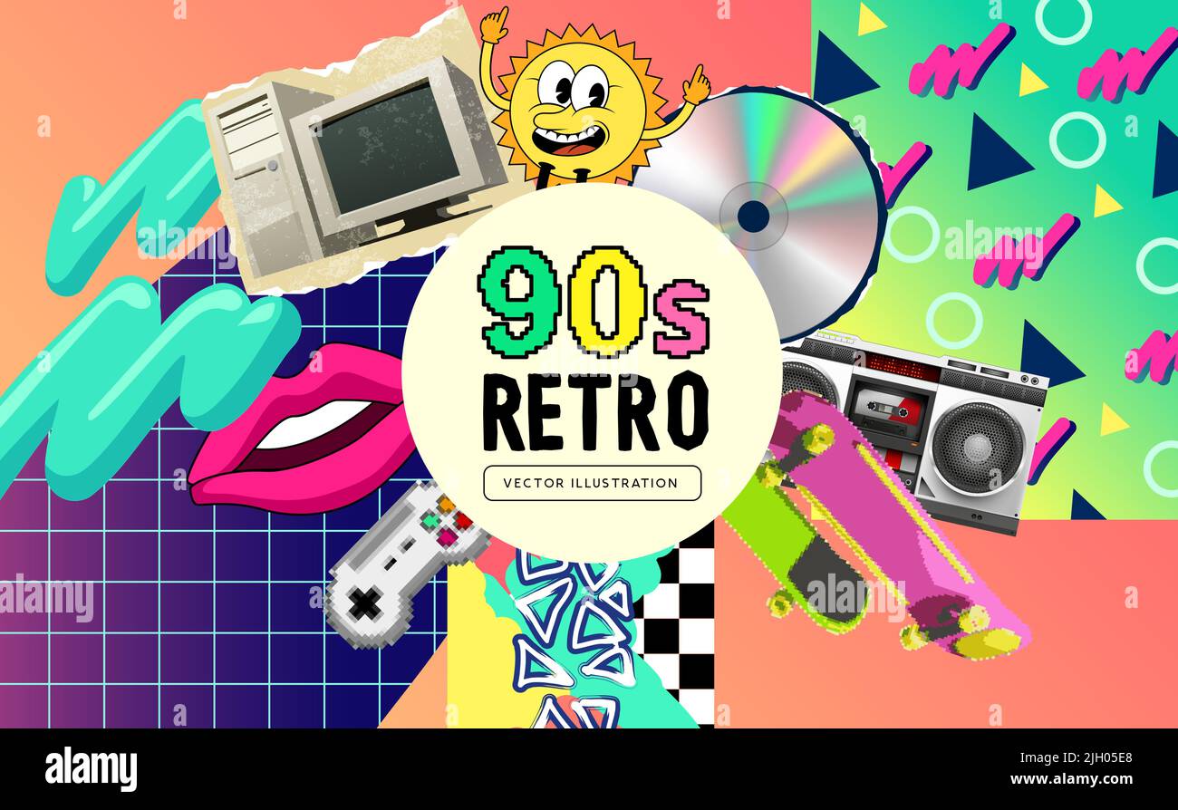 1990s retro background theme with iconic nineties objects and patterns ...
