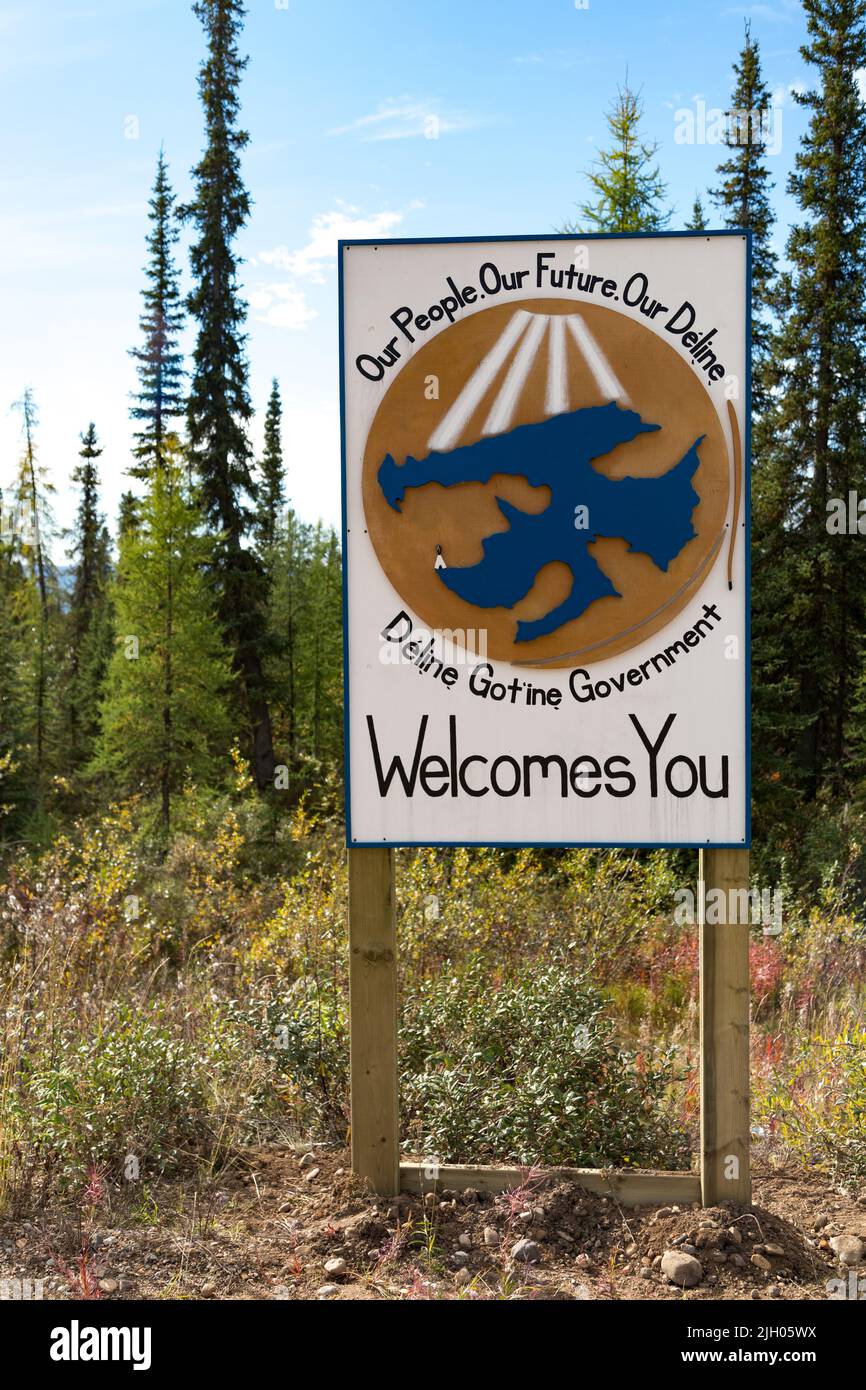 Welcome sign in the northern Indigenous community of Deline, Northwest ...