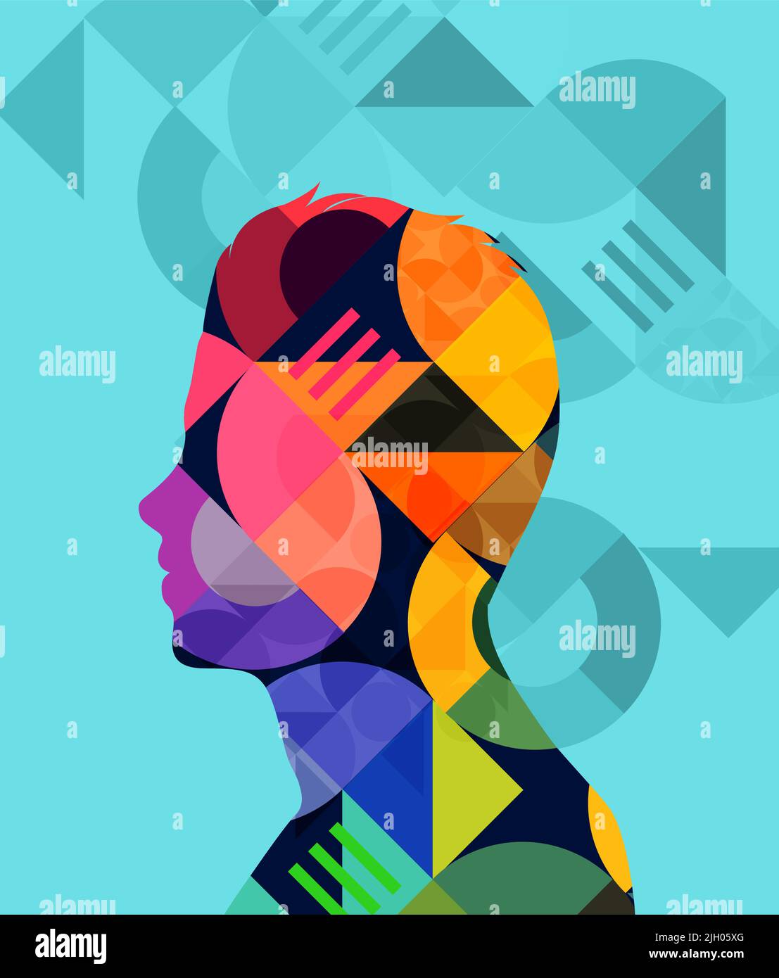 A man silhouette made up from colorful abstract geometric shapes ...