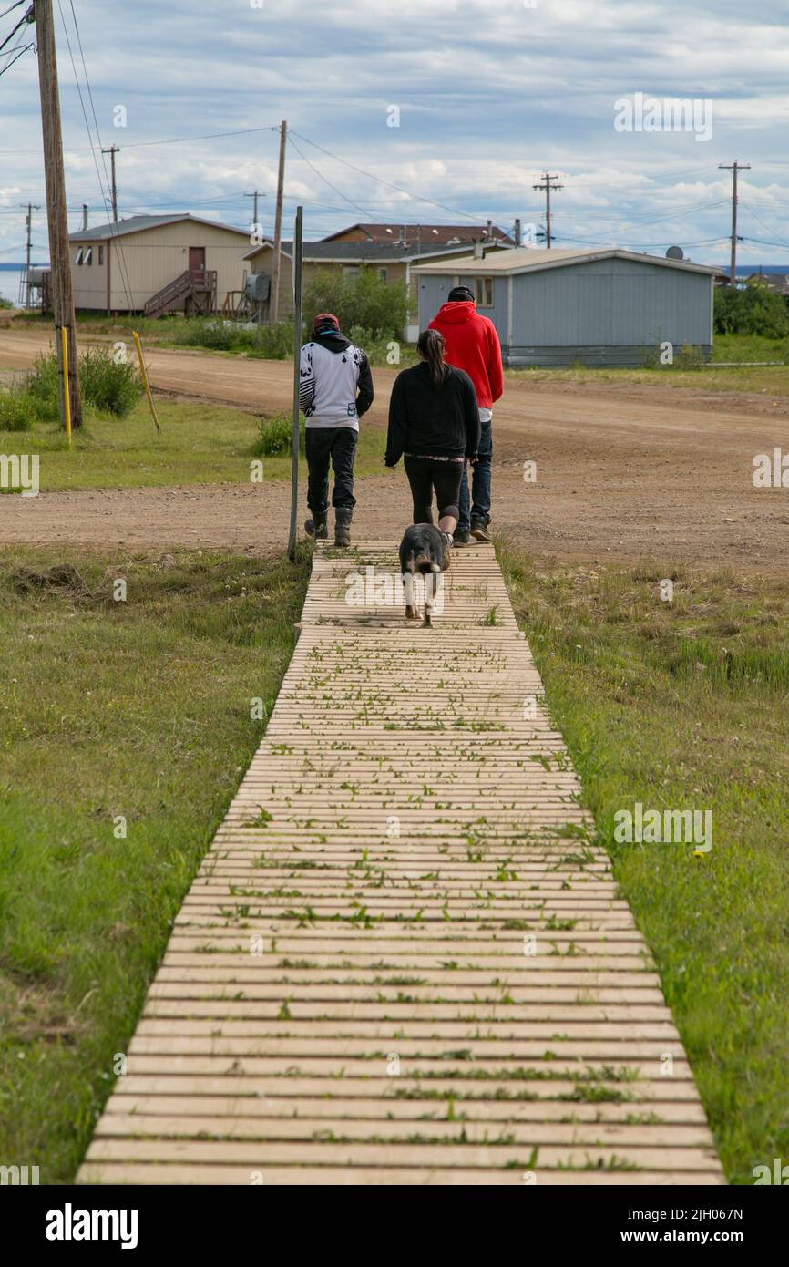 Three youth walking along the boardwalk followed by dog, in the ...