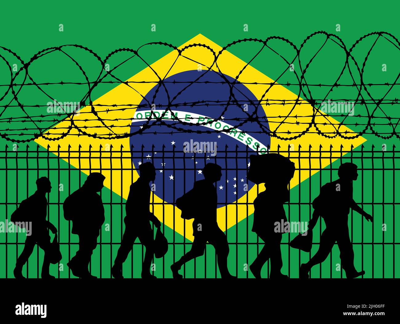 Flag of Brazil - Refugees near barbed wire fence. Migrants migrates to ...