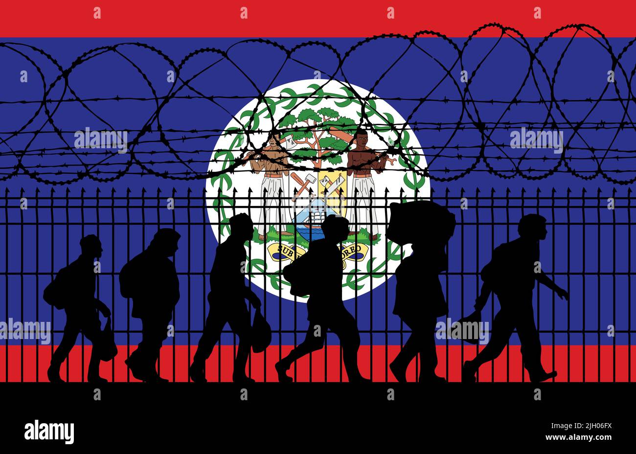 Flag of Belize - Refugees near barbed wire fence. Migrants migrates to ...