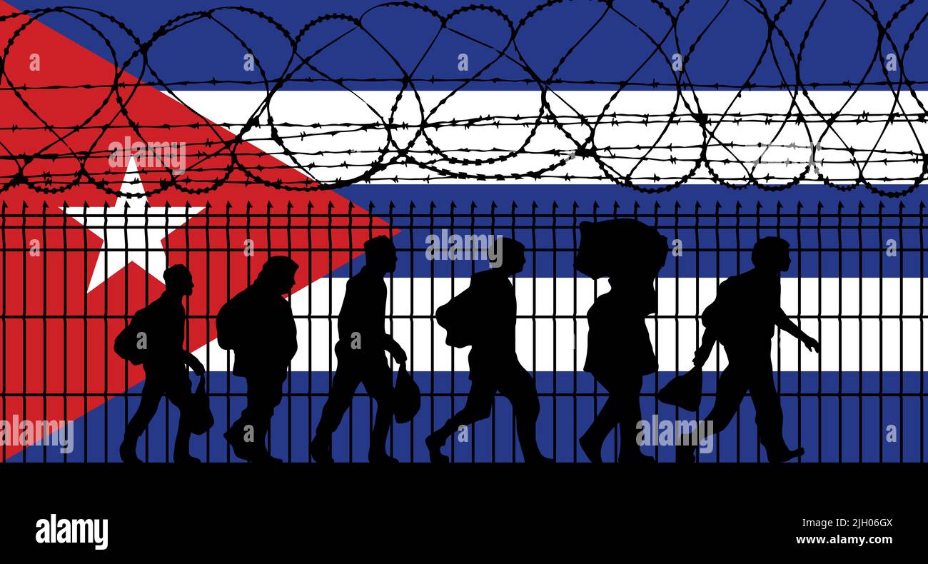 Flag of Cuba - Refugees near barbed wire fence. Migrants migrates to ...