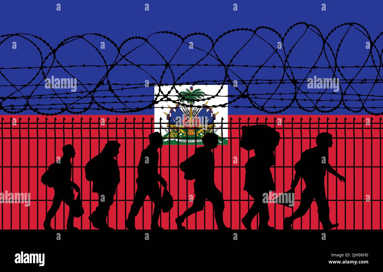 Flag of Haiti - Refugees near barbed wire fence. Migrants migrates to ...