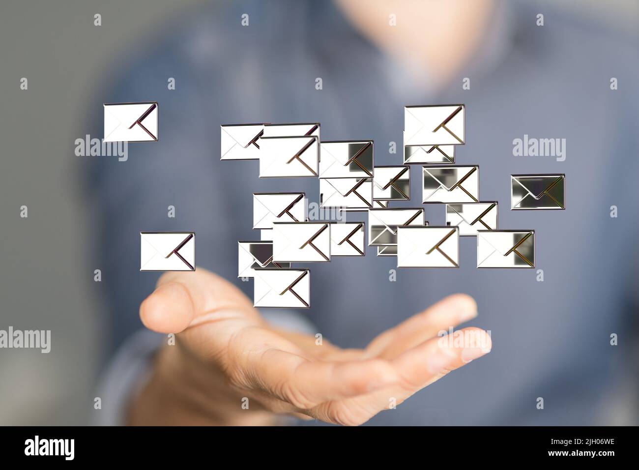 A 3D render of an email symbol and Network Communications with a male ...